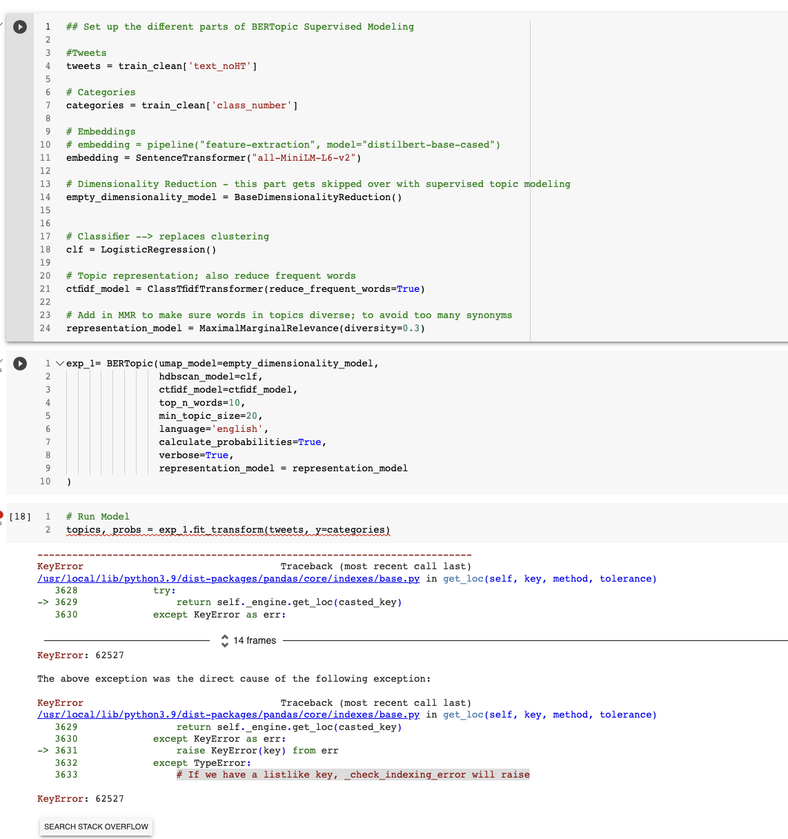 Supervised BERTopic Model: Key Error 62527 · Issue #1140 · MaartenGr/BERTopic · GitHub