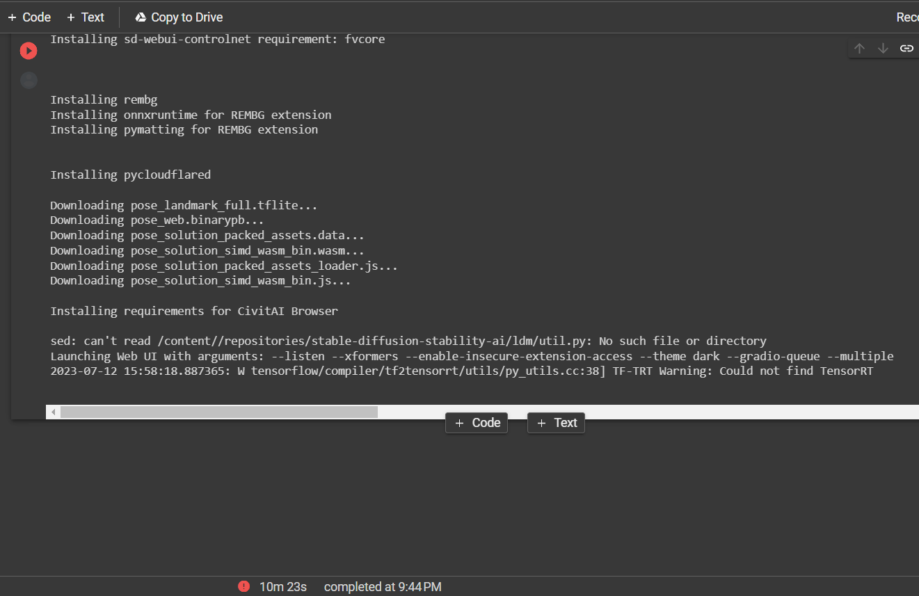 [Bug]: sd-webui colab stops executing around the end without showing any consistent error ...
