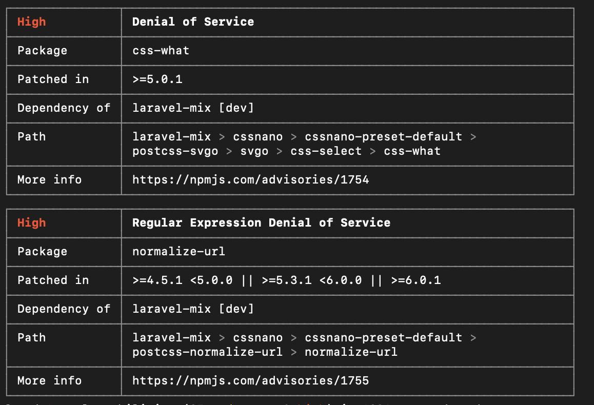 41 Vulnerabilities 34 Moderate 7 High · Issue 2999 · Laravel Mix 