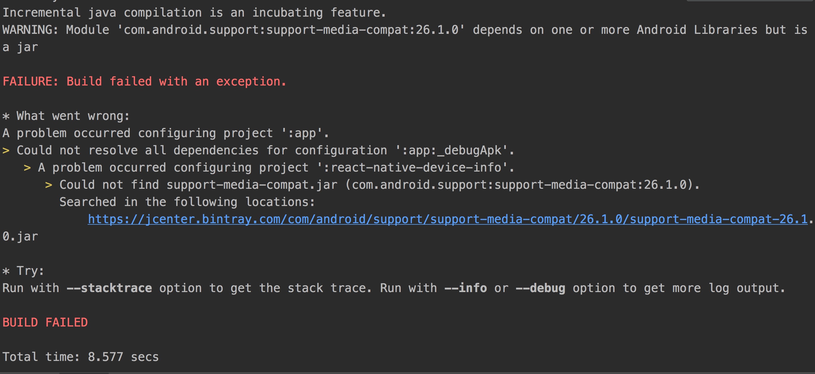 when i run it on the Android ,It have a problem like it Could not find support-media-compat.jar ...