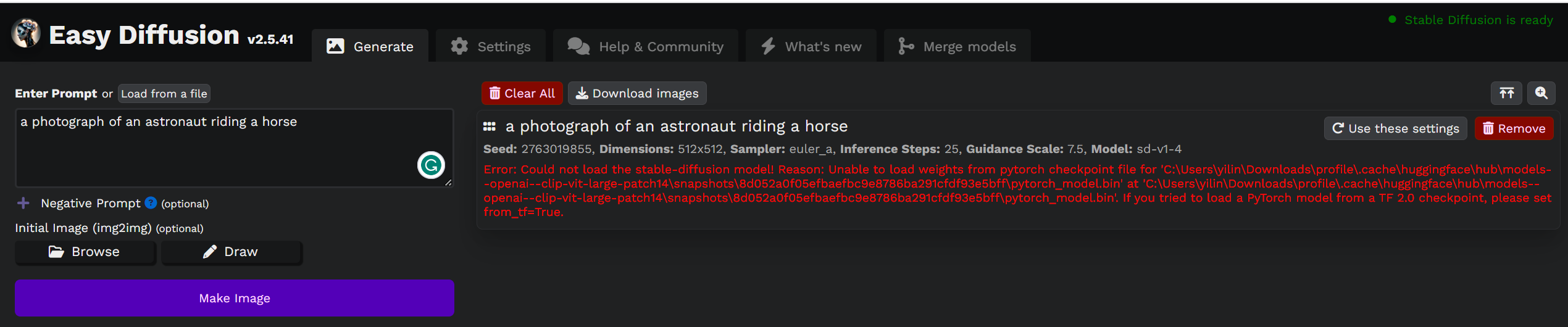 "Error: Could not load the stable-diffusion model! ..." · Issue #1411 · easydiffusion ...