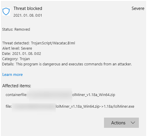 1.18a Windows version has a Trojan:Script/Wacatac.B!ml again · Issue #123 · Lolliedieb/lolMiner ...