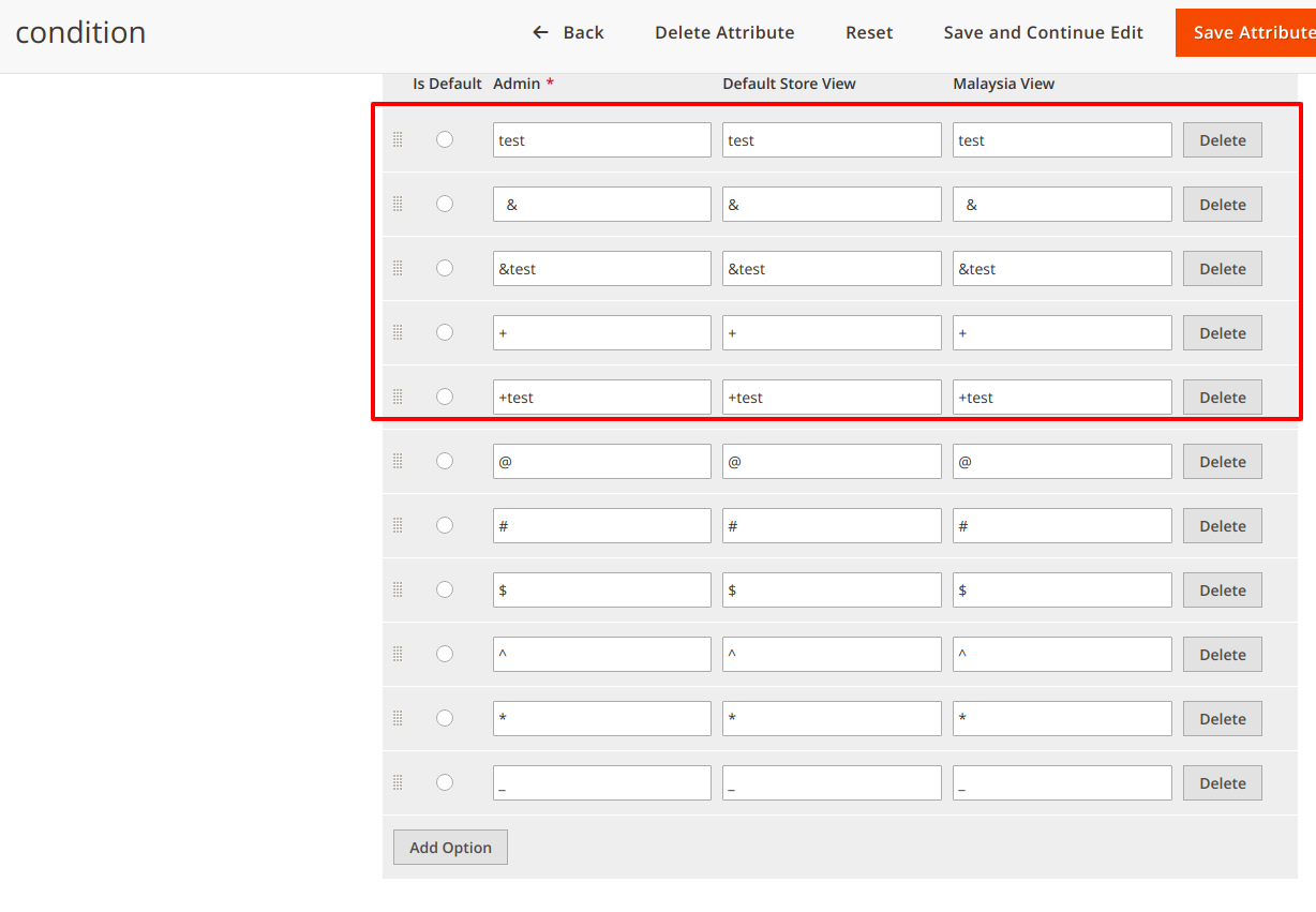I am unable to use symbols ( "&" and "+") in dropdown option label of product attribute in admin ...
