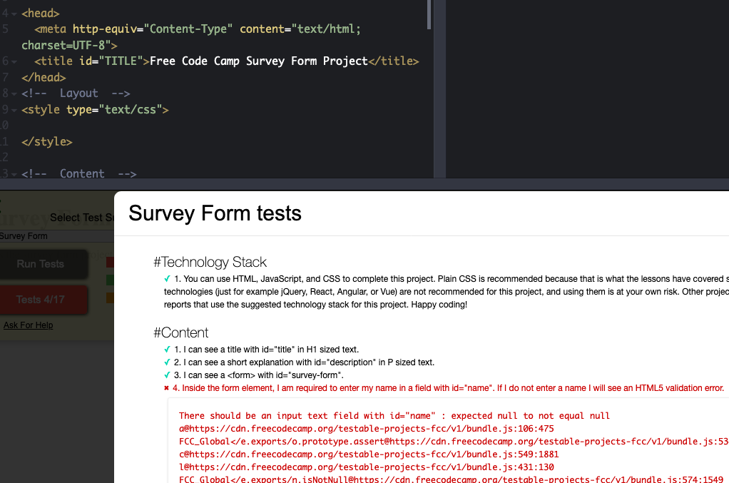 Survey Form Test 1 "I can see a title with id="title" in H1 sized text ...
