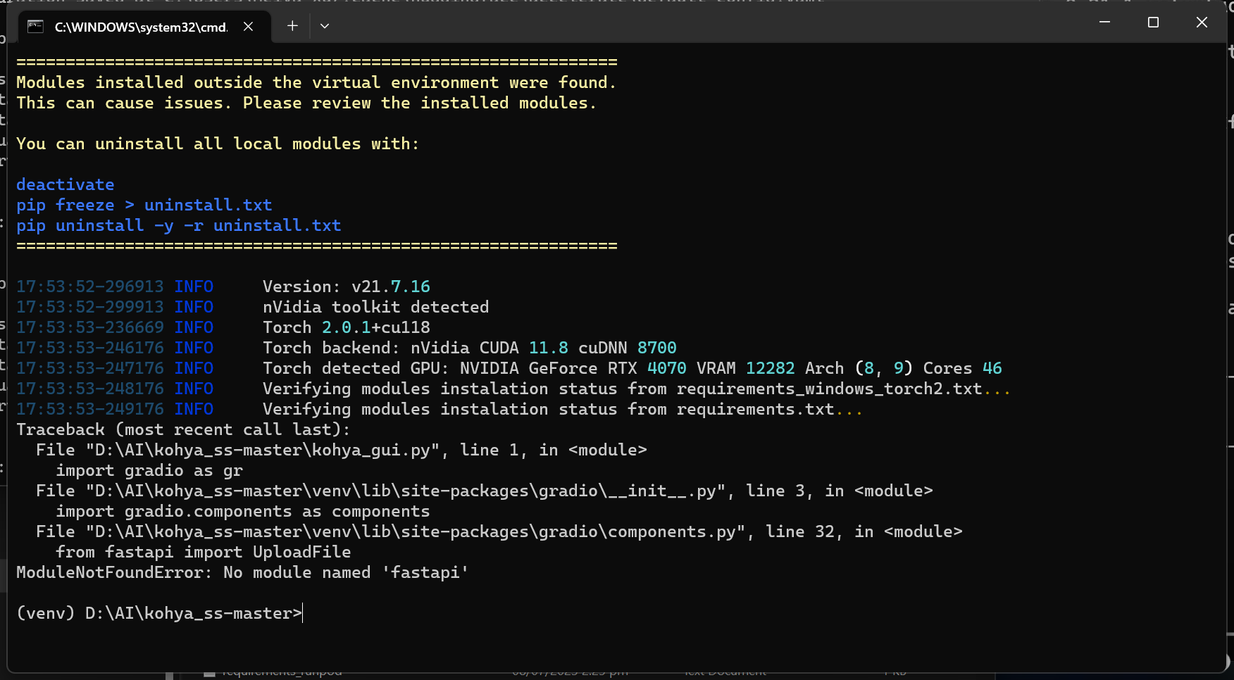 Modules installed outside the virtual environment were found. No module named 'fastapi' · Issue ...