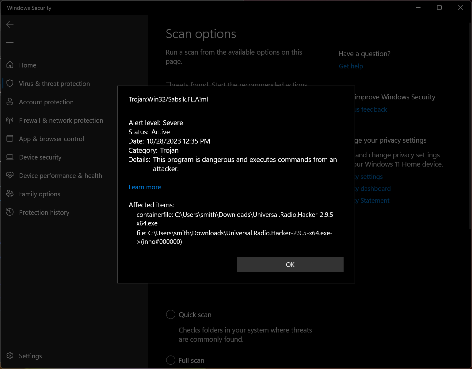 Trojan:Win32/Sabsik.FL.A!ml Detected in x64 · Issue #1075 · jopohl/urh · GitHub