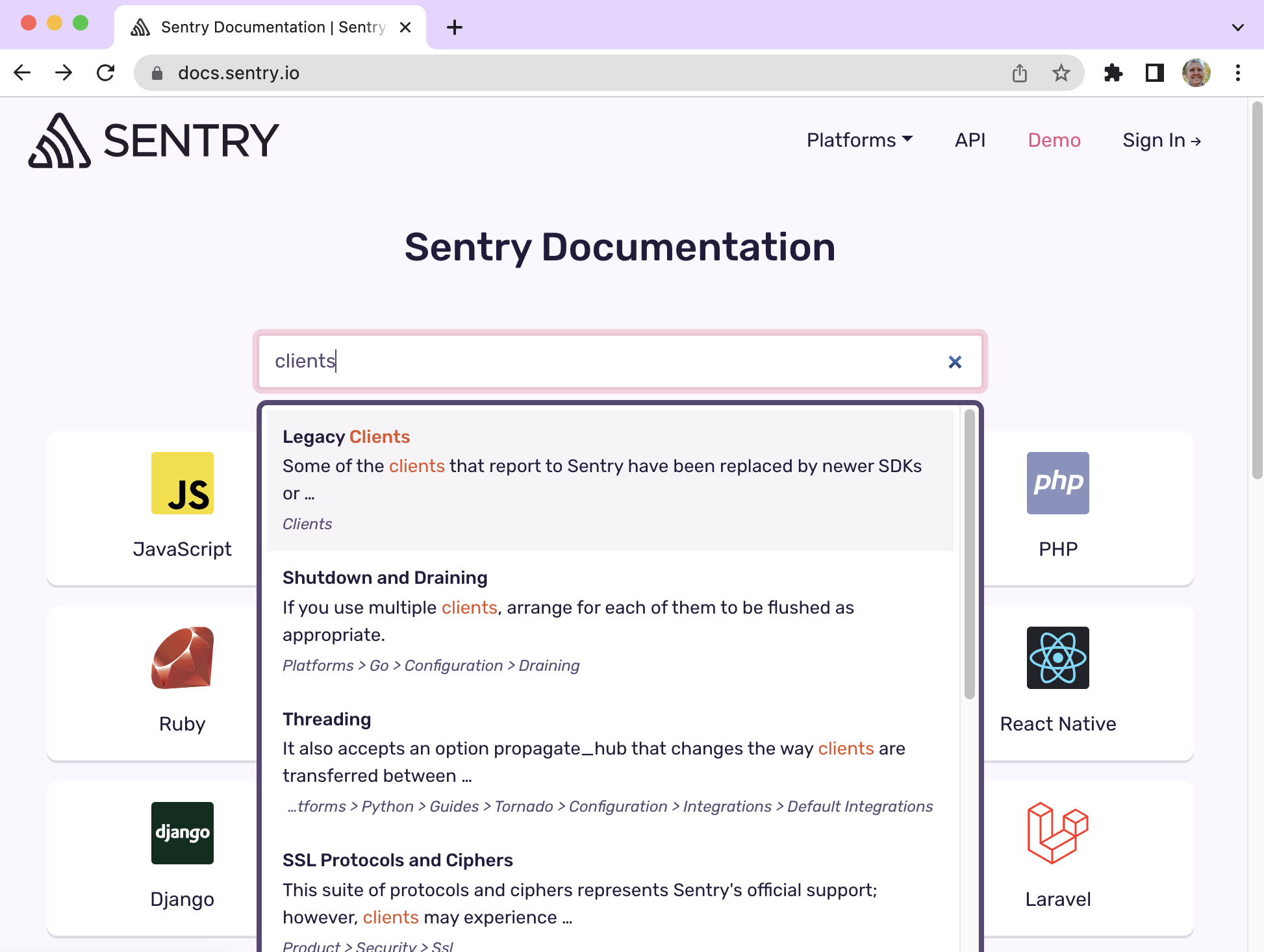 Search lists legacy clients before current ones · Issue #5534 · getsentry/sentry-docs · GitHub