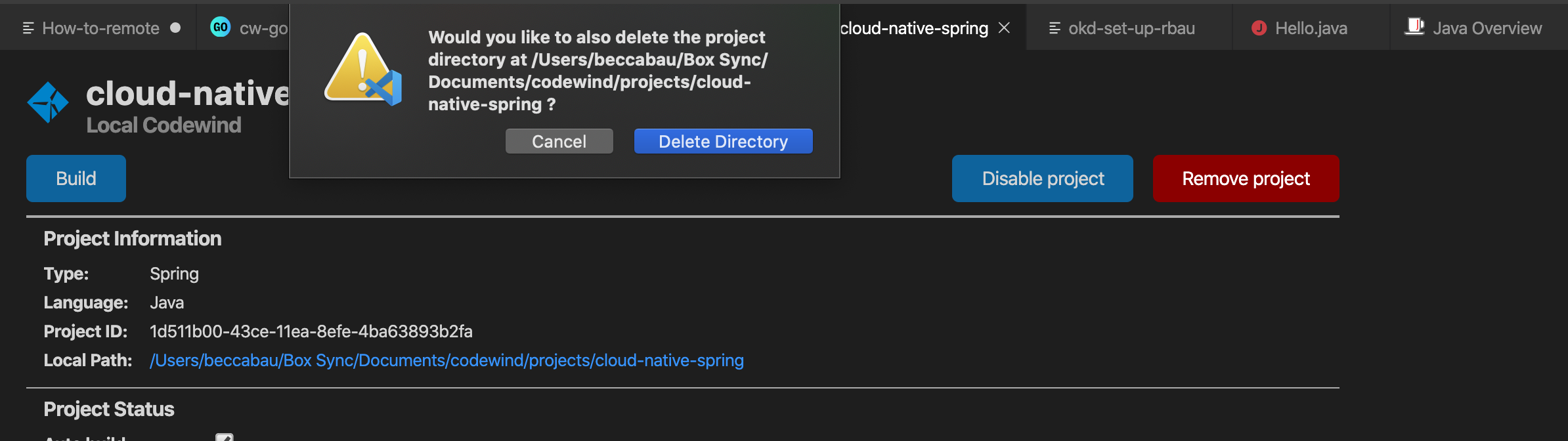 Change option from cancel to no for delete directory request when removing a project in VS Code ...