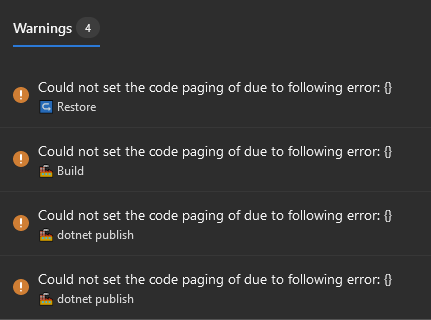 .NET Core task prints ##[warning]Could not set the code paging of due to following error: {} on ...