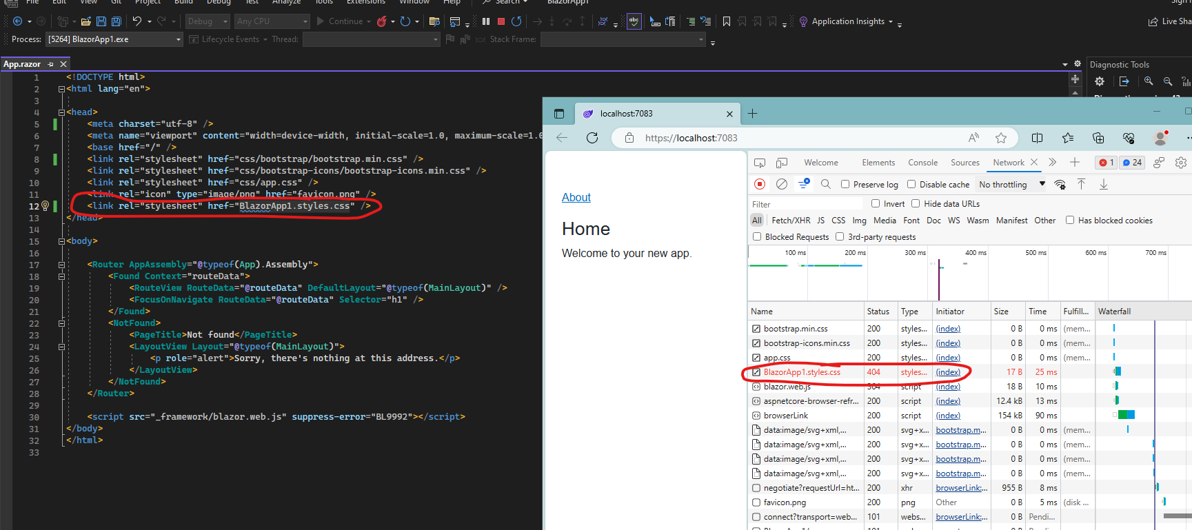 Can't find the {project}.styles.css file, when using the Blazor Web App template create a .Net 8 ...