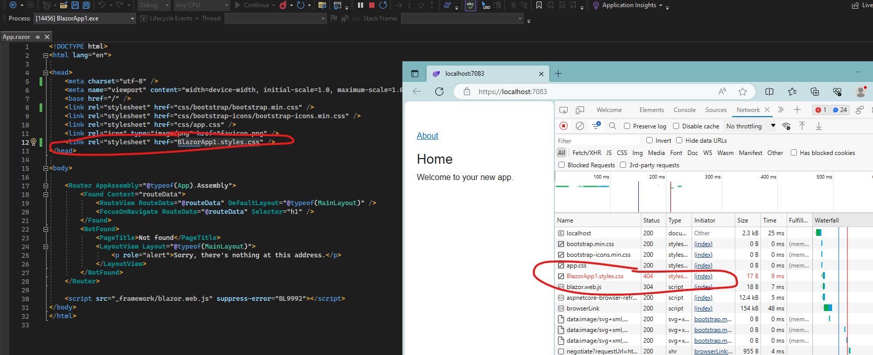 Can't find the {project}.styles.css file, when using the Blazor Web App template create a .Net 8 ...