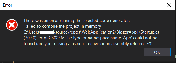 [Preview 6] Blazor (Server Side) overriding identity via scaffolding throws error · Issue #11179 ...