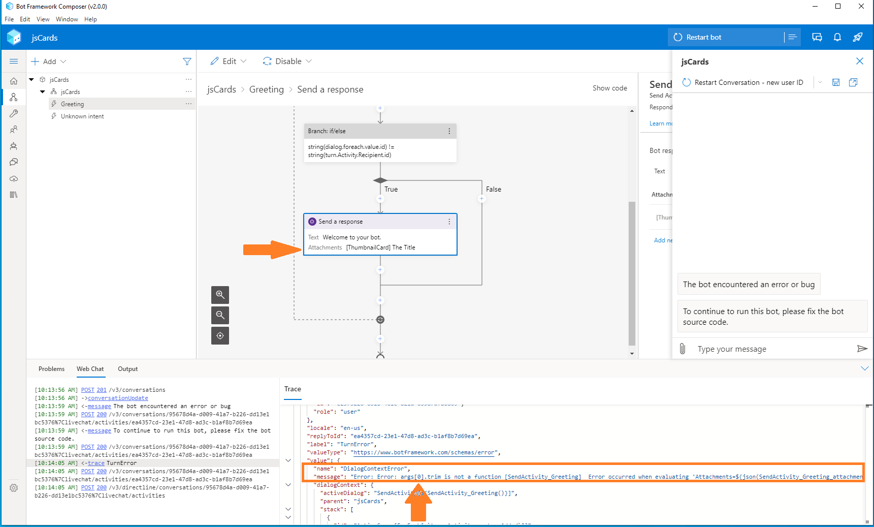 Nodejs Error Sending Cards Error Args 0 Trim Is Not A Function · Issue 8020 · Microsoft