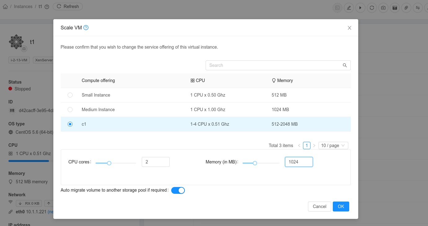UI: scale VM not able to use same custom offering · Issue #7389 · apache/cloudstack · GitHub