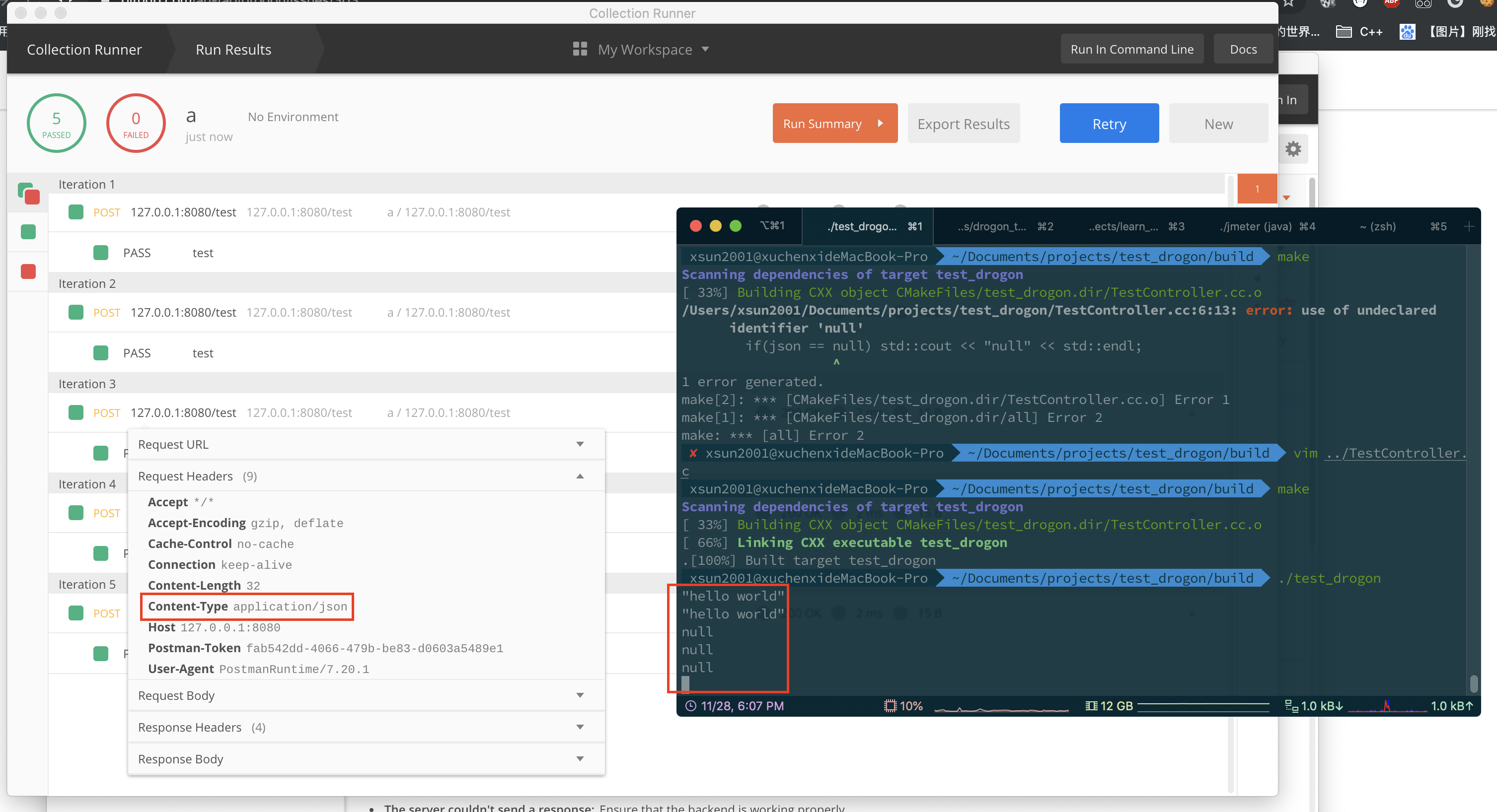 Segmentation fault in a simple controller when responding to a json request sent by Postman or ...