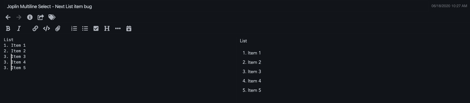 Inserting multiple items into a numbered list using multi-cursors results in each inserted item ...