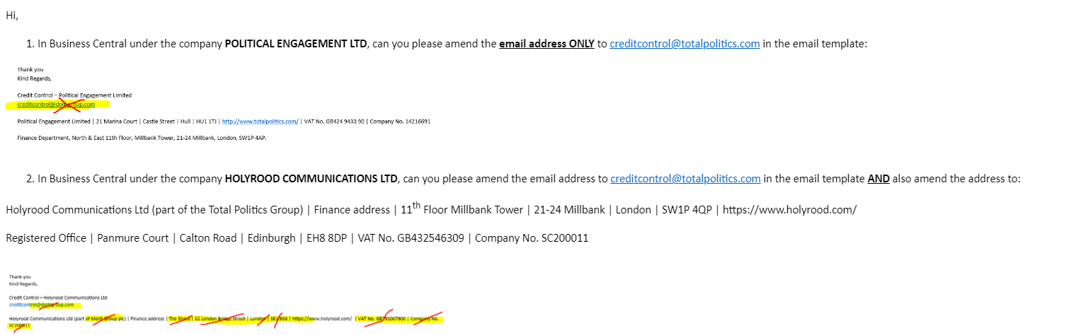 Amend signature / wording in BC email for Political Engagement Ltd ...