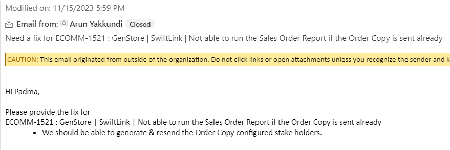 Need a fix for ECOMM-1521 : GenStore | SwiftLink | Not able to run the Sales Order Report if the ...