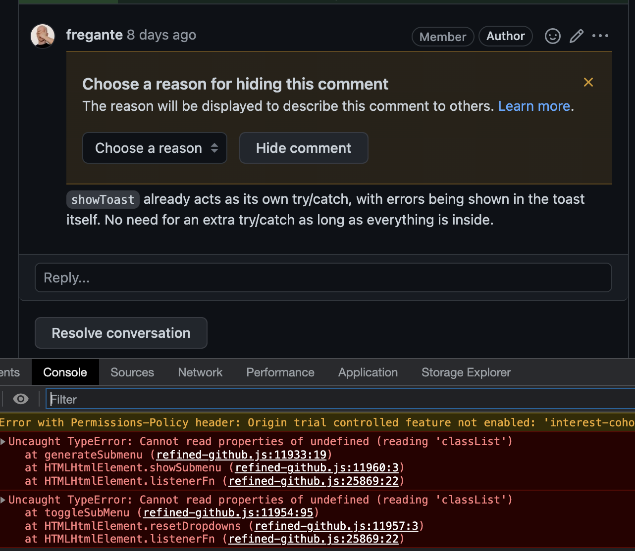 `quick Comment Hiding` Broken On Single Pr Review Comment · Issue 5879 · Refined Githubrefined