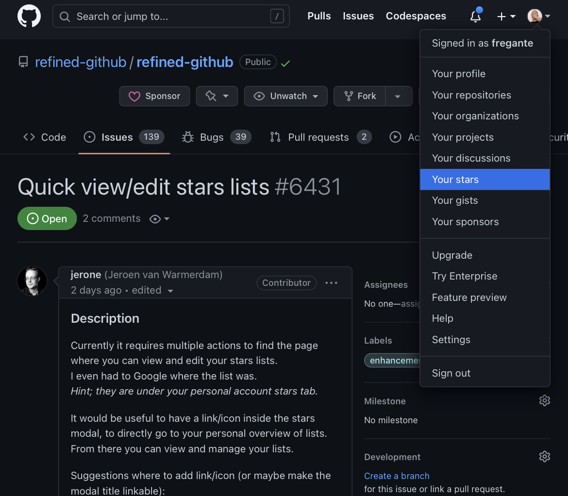 Quick view/edit stars lists · Issue #6431 · refined-github/refined-github · GitHub