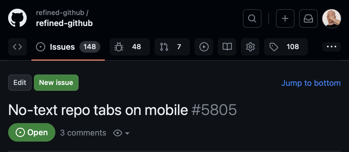 No Text Repo Tabs On Mobile · Issue 5805 · Refined Githubrefined Github · Github
