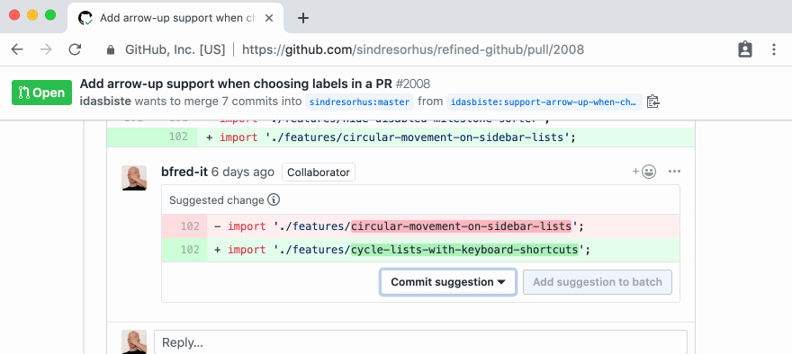 "Add suggestion to batch" on "Suggested changes" doesn't work · Issue #2122 · refined-github ...