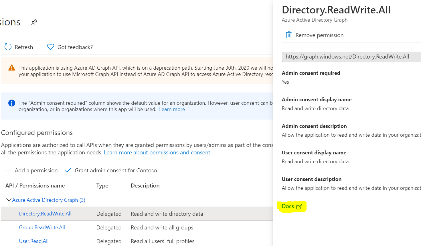 Recommending to change link from Azure AD permissions to the Azure AD deprecation overview ...