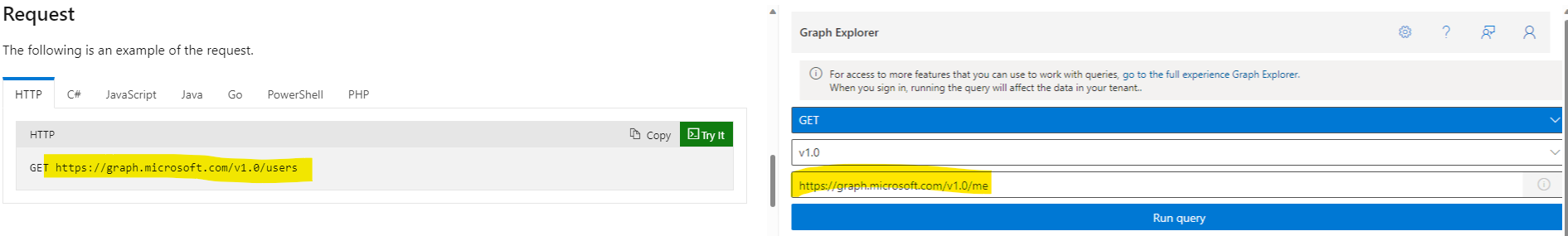 Try It sidebar in docs doesn't render the source query, always defaults to /me query · Issue ...