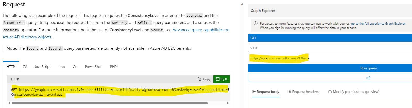 Try It sidebar in docs doesn't render the source query, always defaults to /me query · Issue ...