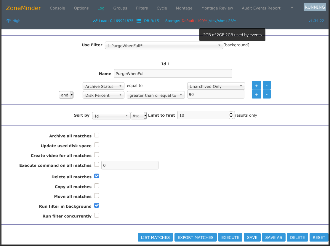 'PurgeWhenFull' filter doesn't work · Issue #3081 · ZoneMinder/zoneminder · GitHub