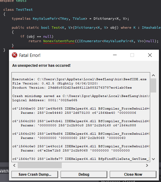 0.42.5 - IDE Crash · Issue #322 · beefytech/Beef · GitHub