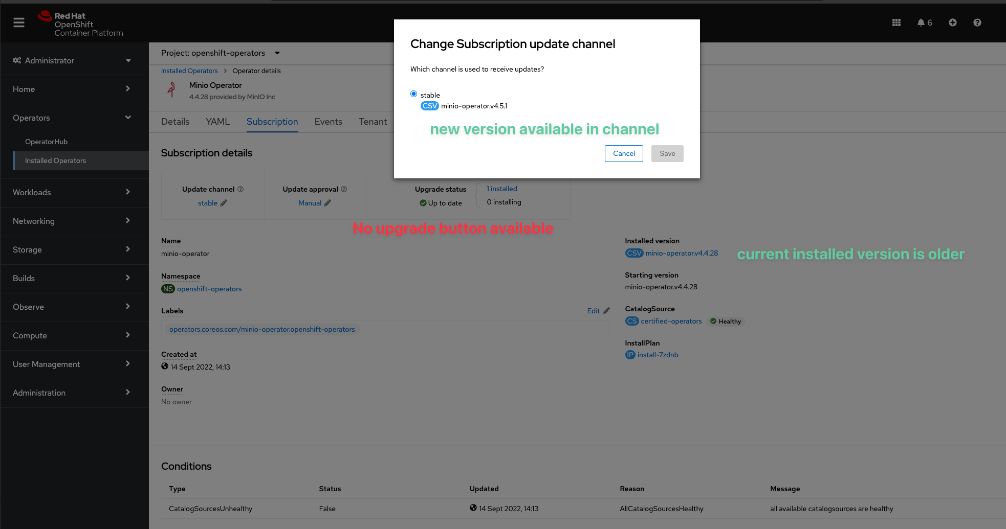Minio Operator on OpenShift does not provide upgrade option · Issue #1309 · minio/operator · GitHub