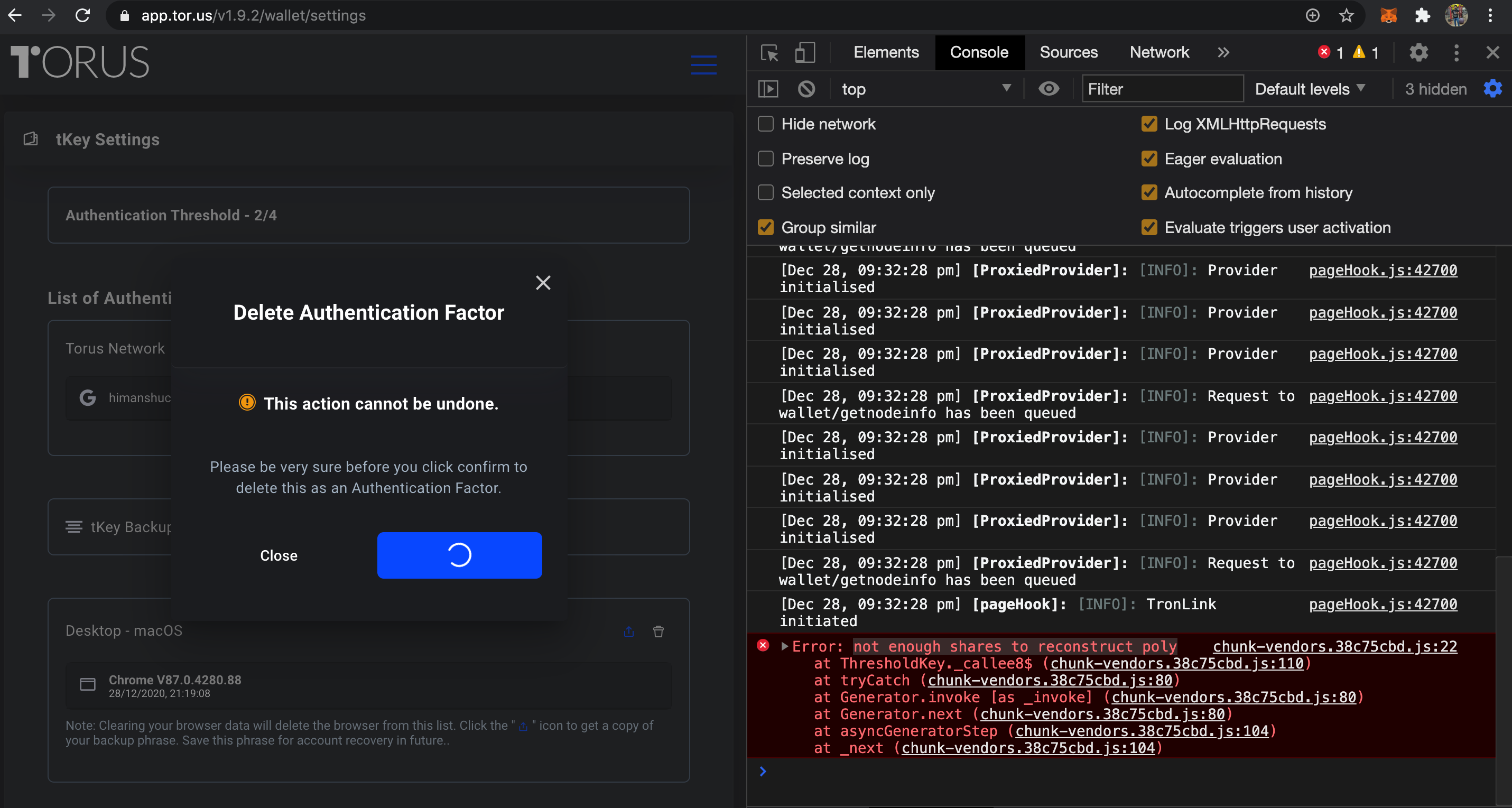 Not able to delete existing device from tkey and it is not allowing to copy my backup phrase ...