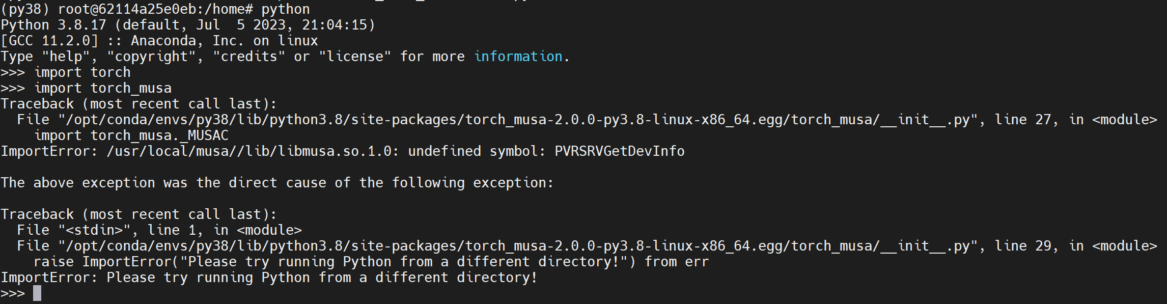 Docker中 import torch musa 报错：ImportError: Please try running Python ...