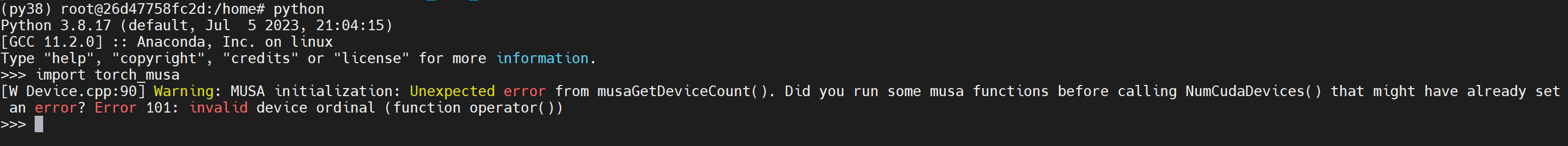 Docker中 import torch musa 报错：ImportError: Please try running Python from a different directory ...
