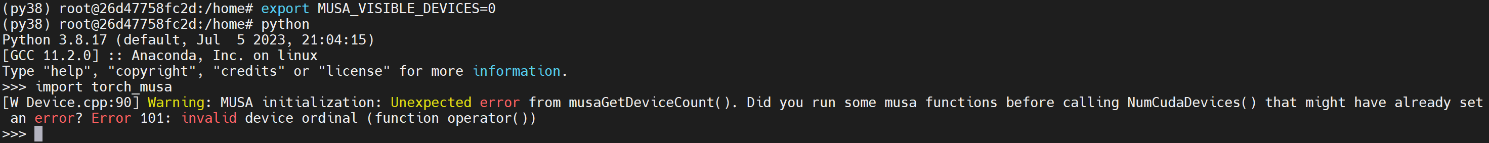 Docker中 import torch musa 报错：ImportError: Please try running Python from a different directory ...
