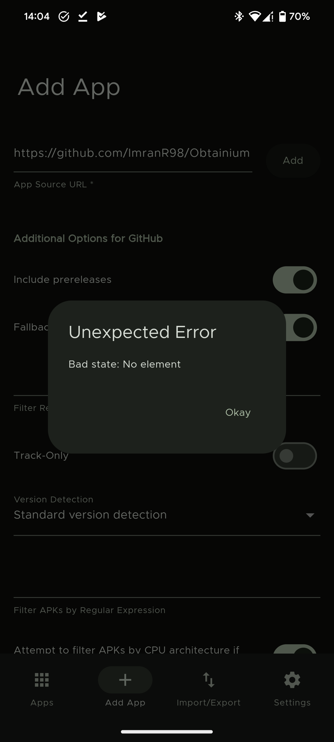 "Bad state: No element" error · Issue #549 · ImranR98/Obtainium · GitHub
