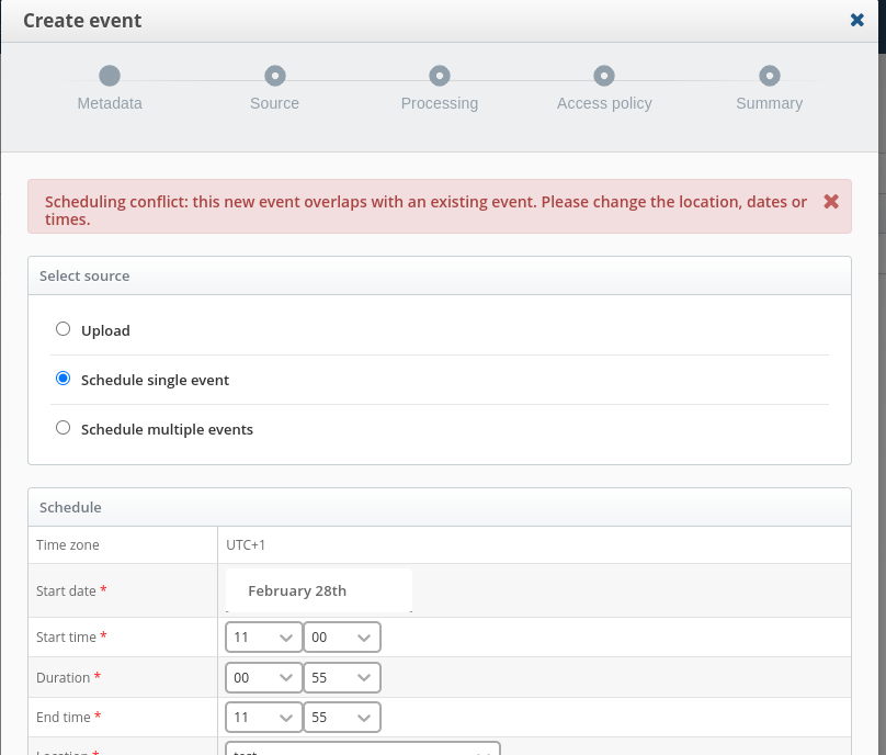Missing conflict checking while creating a new event · Issue #68 · opencast/opencast-admin ...