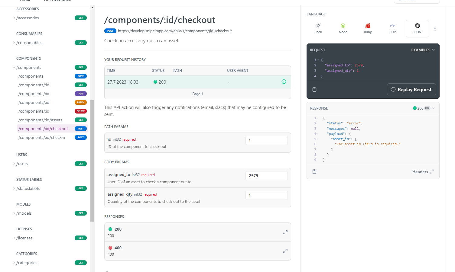 Component Checkout Via Api Returns Error · Issue 13376 · Snipe Snipe It · Github