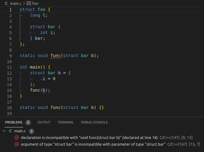 C False Positive Errors For A Static Function When It Has A Nested Struct Parameter · Issue