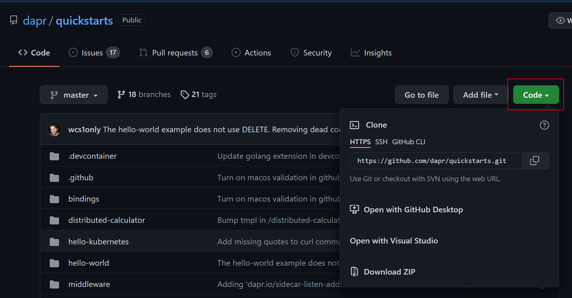 where's the "Open with Codespaces" option? · Issue #501 · dapr/quickstarts · GitHub