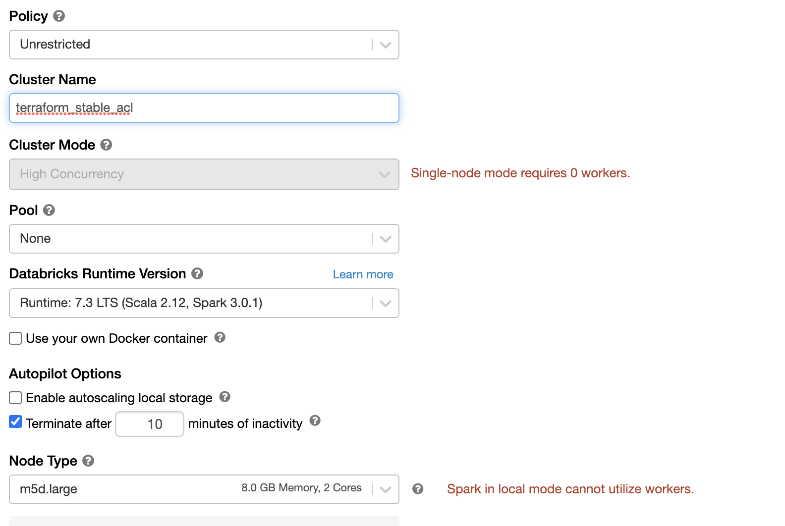 [ISSUE] Unable to create single node cluster with high concurrency · Issue #680 · databricks ...