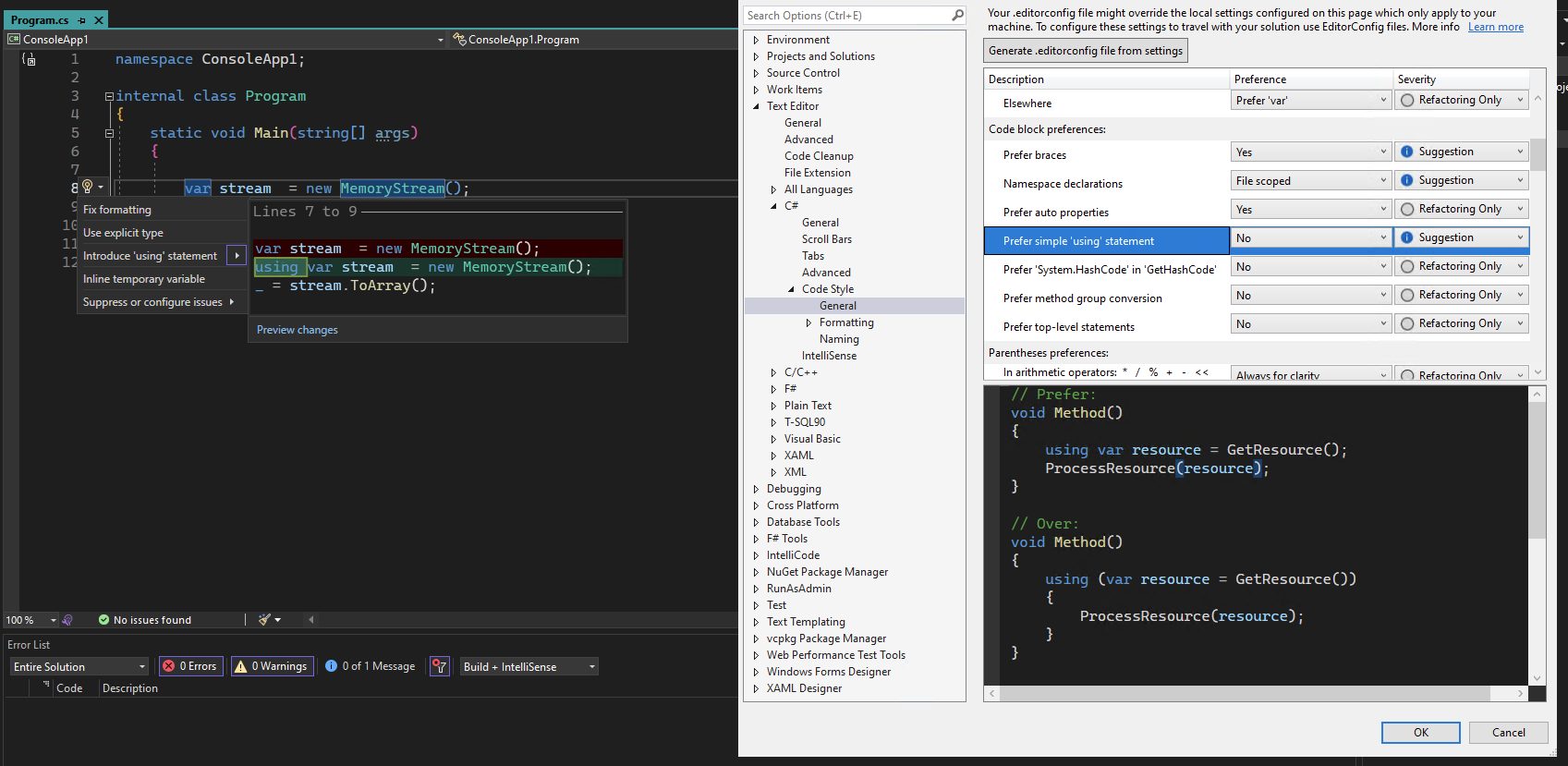 Prefer Simple Using Statement Setting Not Respected When No · Issue 68682 · Dotnetroslyn