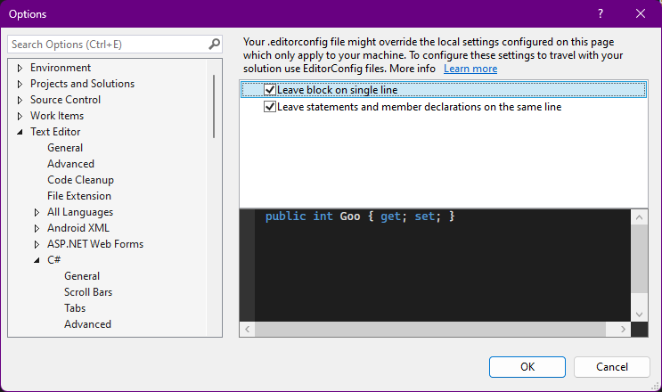Incorrect Single Line Property Formatting Despite Appropriate Setting in Visual Studio 2022 17.8 ...