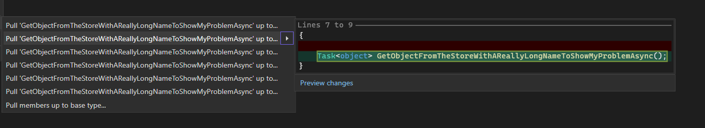 Pull method up to interface doesn't show interface name when method name is too long (matters ...