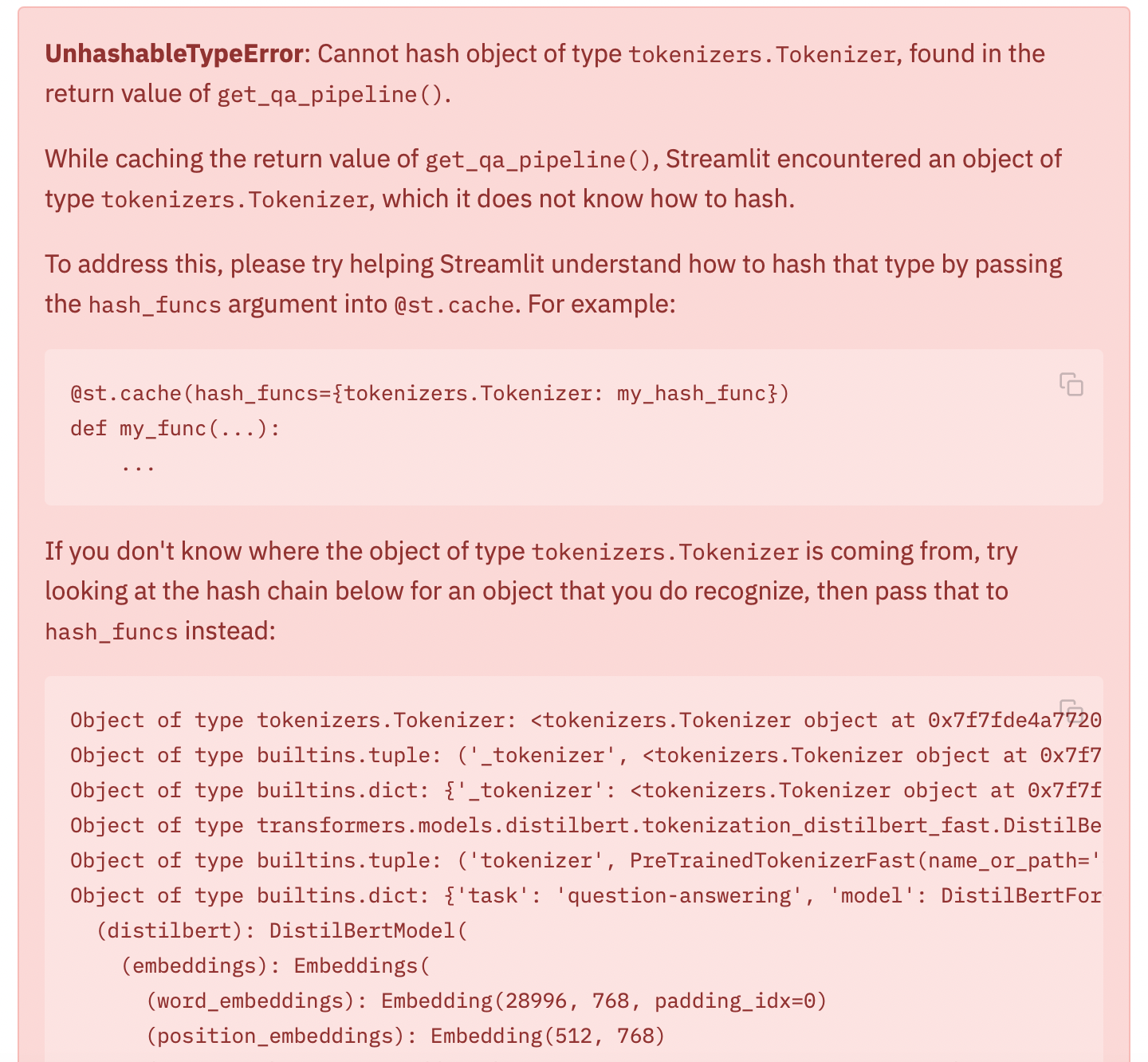 UnhashableTypeError: Cannot hash object of type tokenizers.Tokenizer · Issue #2 · mihail911 ...