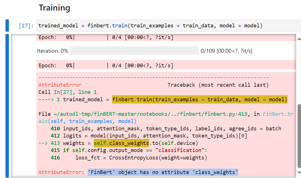 'FinBert' object has no attribute 'class_weights' · Issue #69 · ProsusAI/finBERT · GitHub