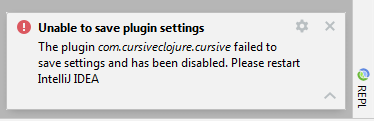 "Unable to save plugin settings" Error Again! · Issue #2223 · cursive-ide/cursive · GitHub