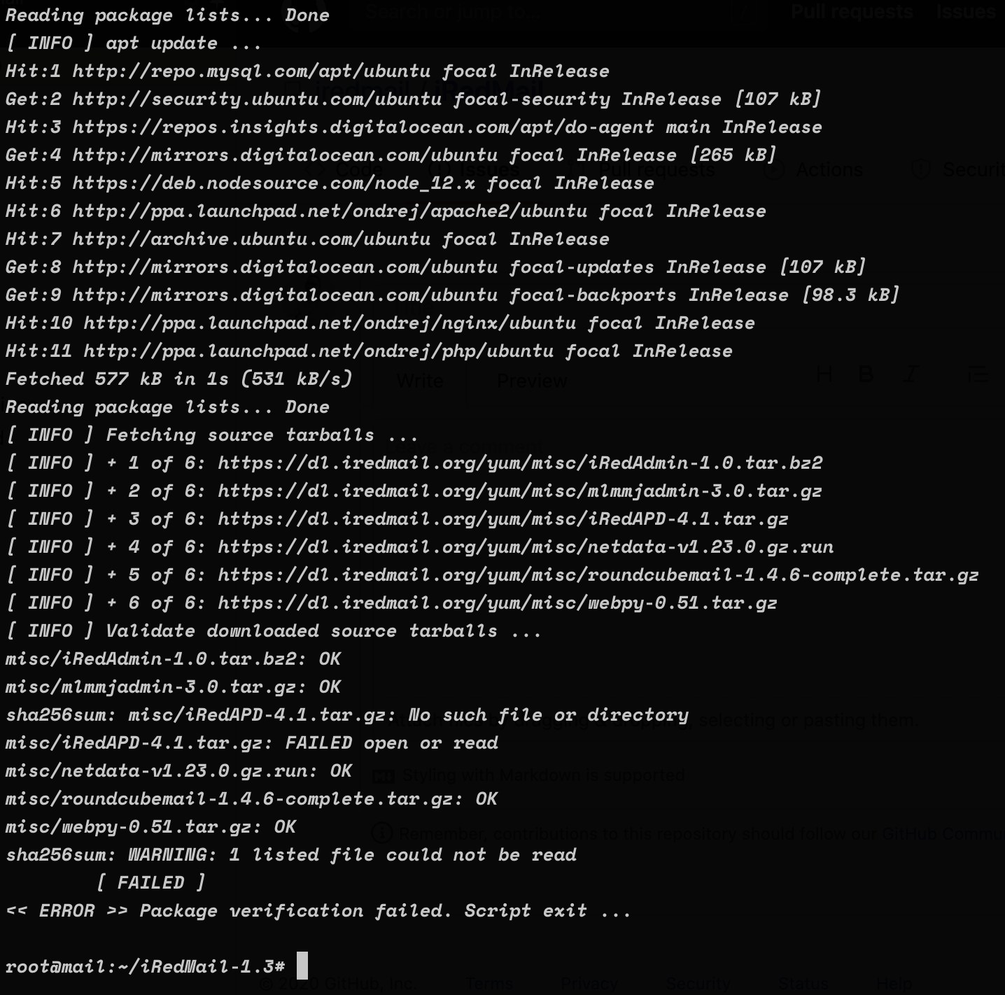 Error installation "sha256sum: WARNING: 1 listed file could not be read" · Issue #43 · iredmail ...