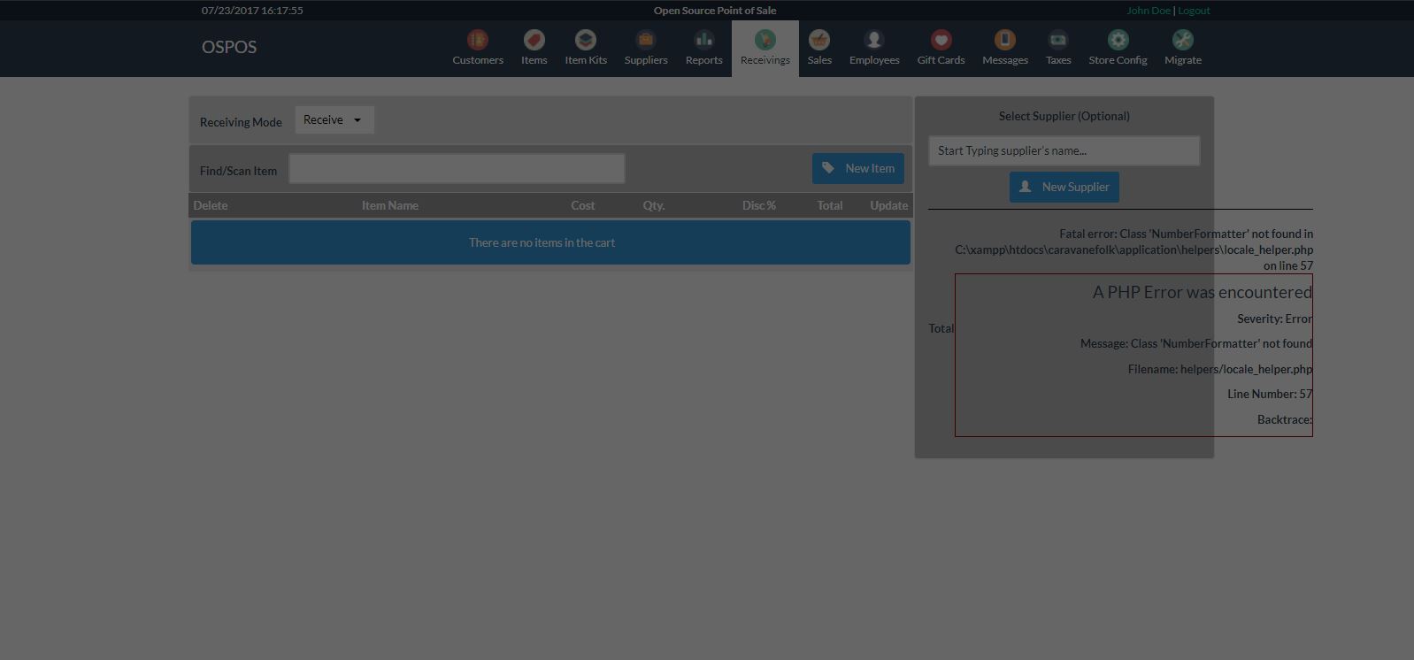 Receiving Page is unable to load. it is throwing following error · Issue #1414 · opensourcepos ...